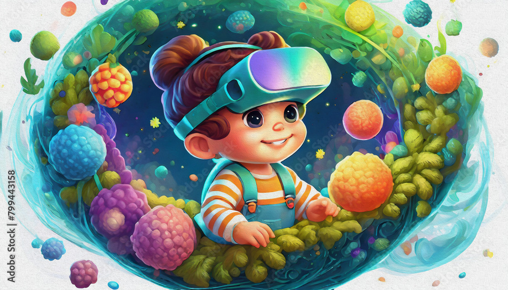 oil painting style CARTOON CHARACTER CUTE baby Kid in a VR workshop ...