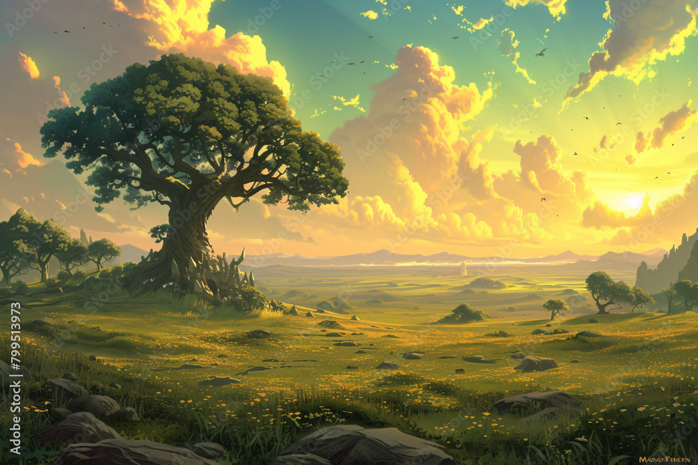 Fantasy landscape with a big tree in the middle of the field. Sci-fi ...