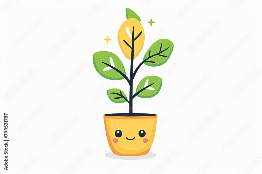 Kawaii Spring Garden: Cute Plant in Pot Vector Art on White Background ...
