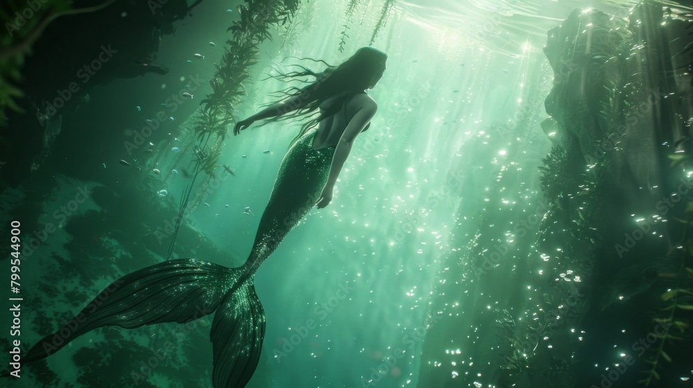 A hauntingly beautiful mermaid emerging from her colike underwater ...