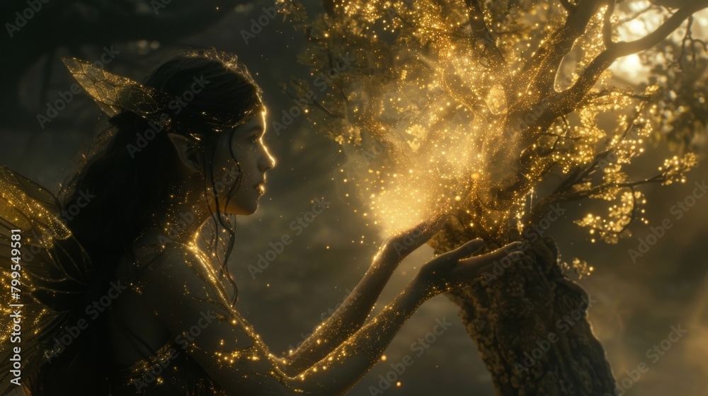 In a dark and mystical forest a fairy carefully sprinkles a glittering ...