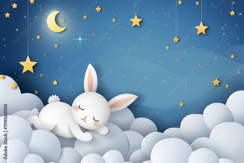 Adorable Rabbit Cartoon Asleep on Clouds, Starry Night Background ...