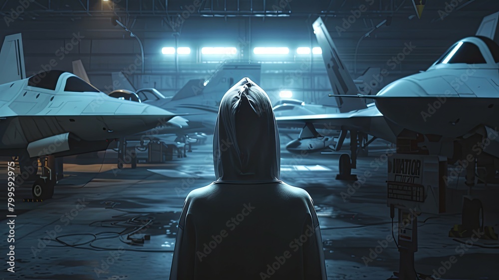 Woman facing hangar full of fighter jets - A hooded woman stands facing ...