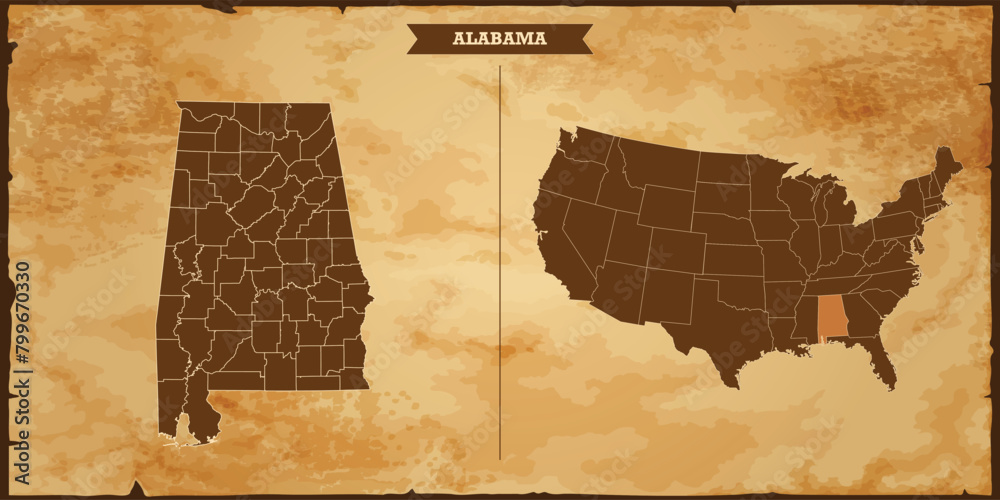 Alabama state map, United States of America map with federal states in ...