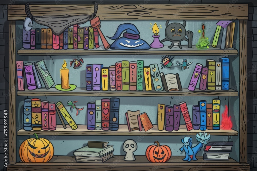 Cartoon cute doodles of a bookstore window display showcasing a themed ...