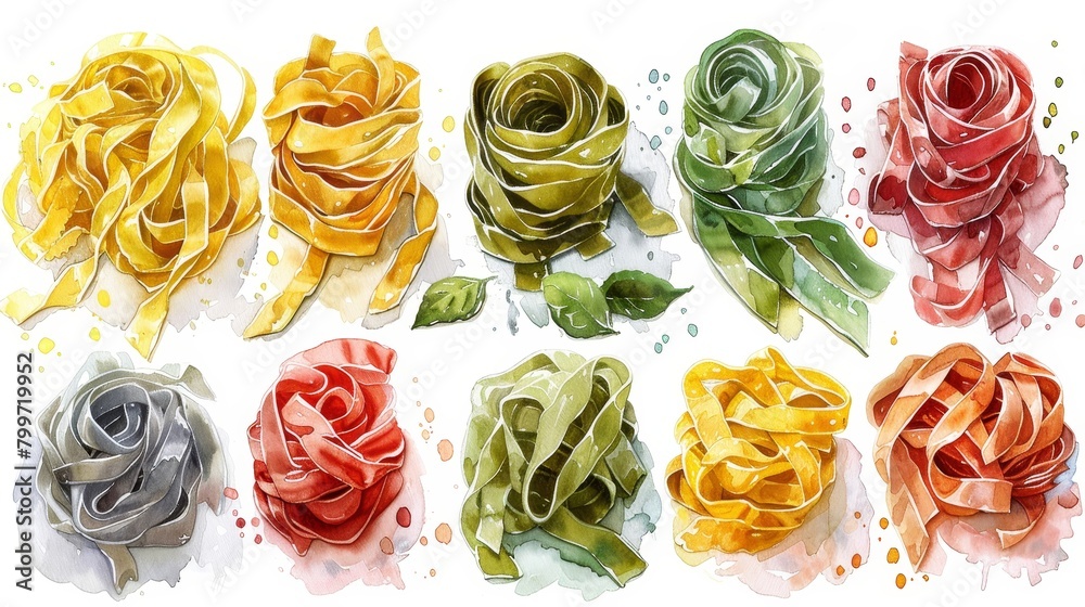 Create a series of watercolor clipart of different pasta shapes for an ...