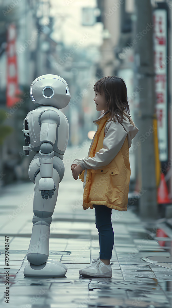 Happiness as people stroll alongside a humanoid robot cyborg, their ...