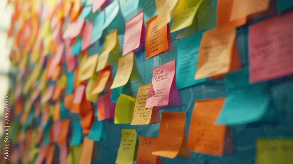 wall covered in colorful sticky notes, each with handwritten messages ...