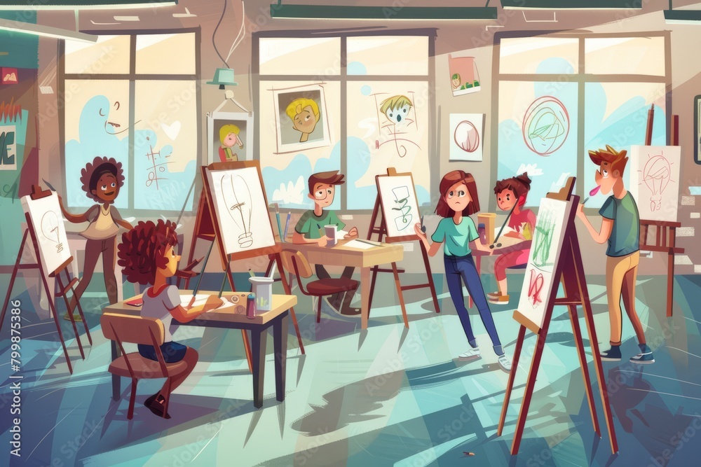 Cartoon cute doodles of an art class focused on perspective drawing ...