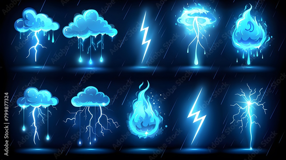 ภาพประกอบ Stock Iconic Weather and Lightning Illustrations on Blue ...