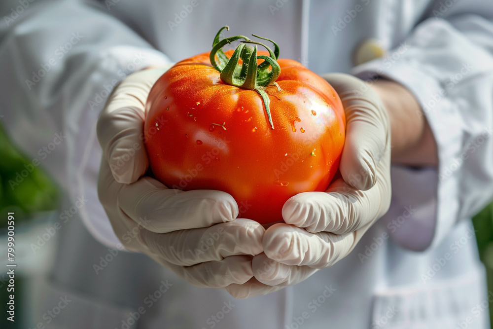 lose-up of a scientist's hands holding a genetically modified tomato ...
