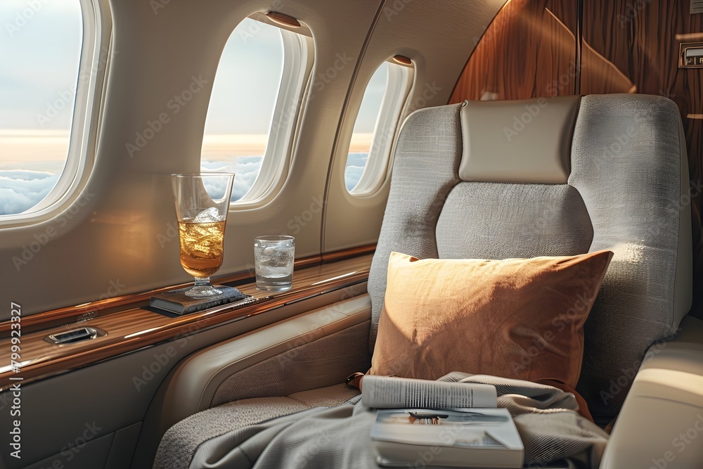 Luxurious Airline First-Class Cabin with Cocktail Service and Lavish ...