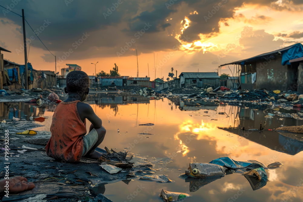 Dark-skinned African child gazes at the sunset amid a vast puddle and ...