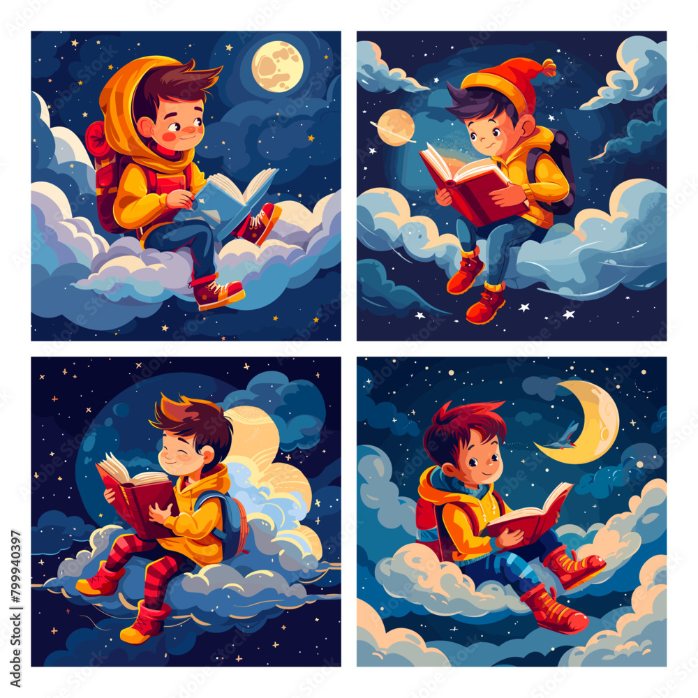 Kid book imagination, cartoon school boy with bag reading fantasy books ...