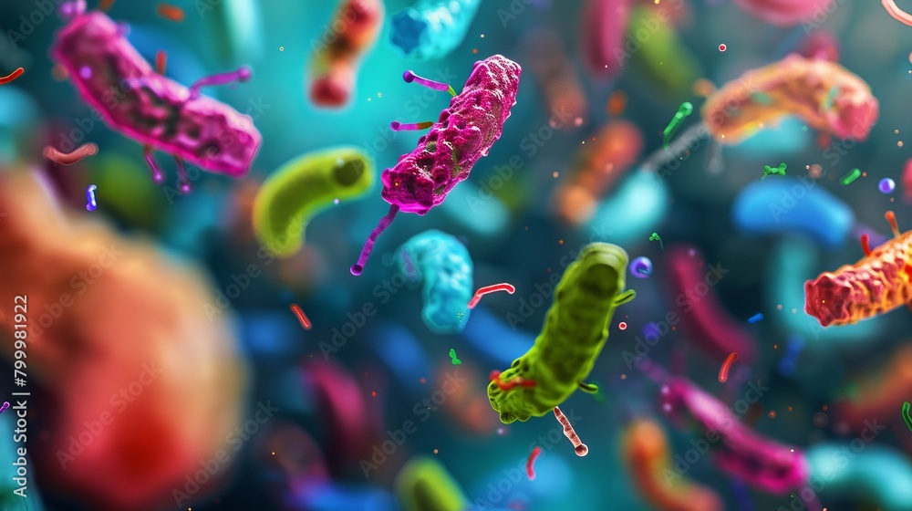 Ilustrace Colorful abstract bacteria illustration with antibiotic ...