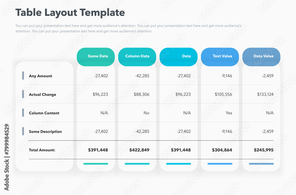 Table layout template with five options and a total amount row. Simple ...