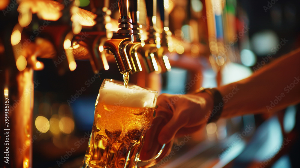 Bartender pouring draft beer into a glass at a bar with multiple beer taps in the background ...