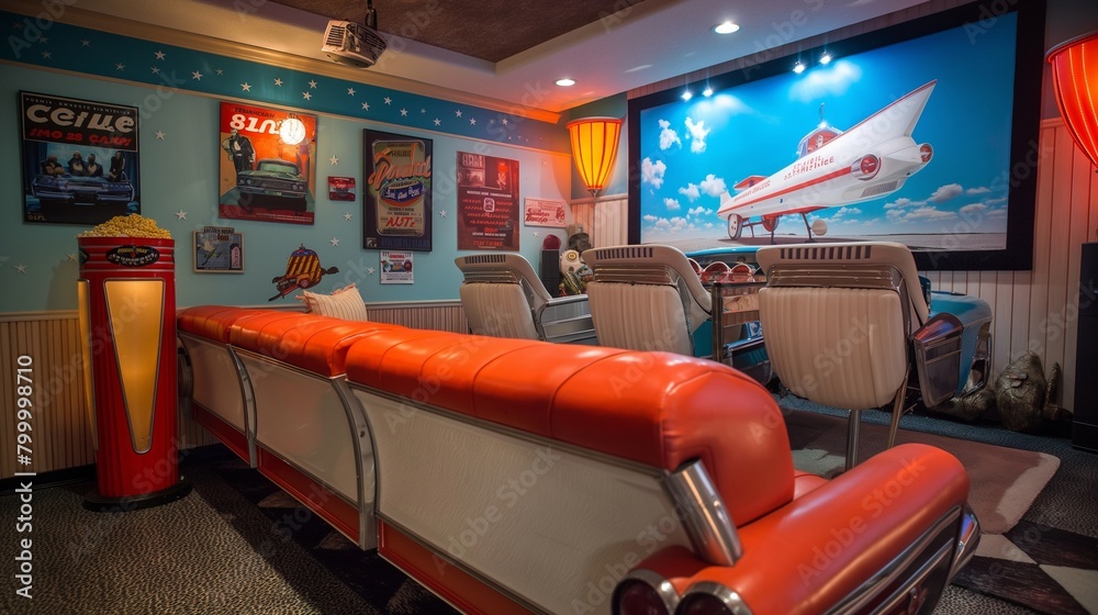Retro drive-in theater theme with vintage movie posters, popcorn ...