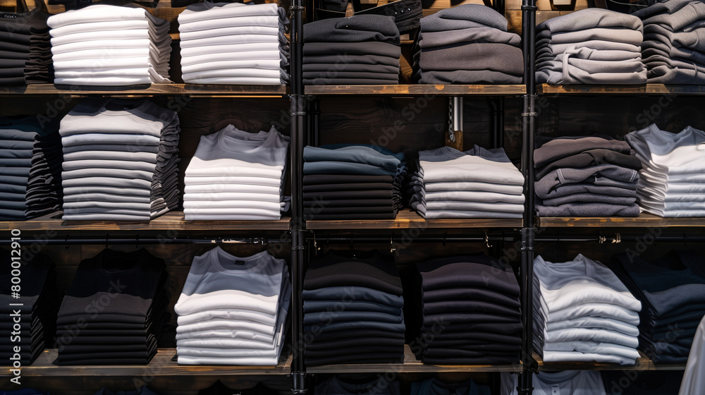 Stack of a lot of folded clothes background. T-shirts in white, grey ...