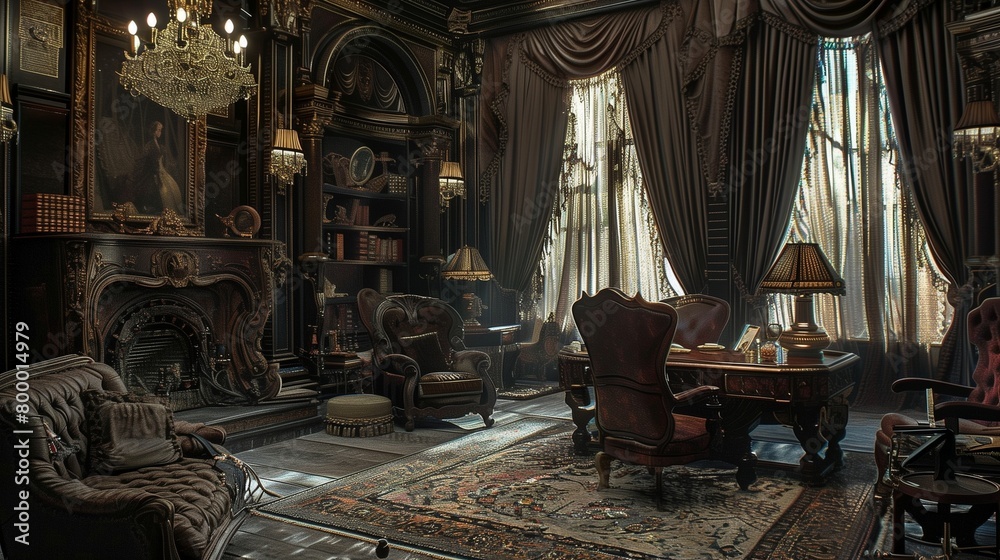Victorian Gothic design with dark wood furniture, dramatic drapes, and ...