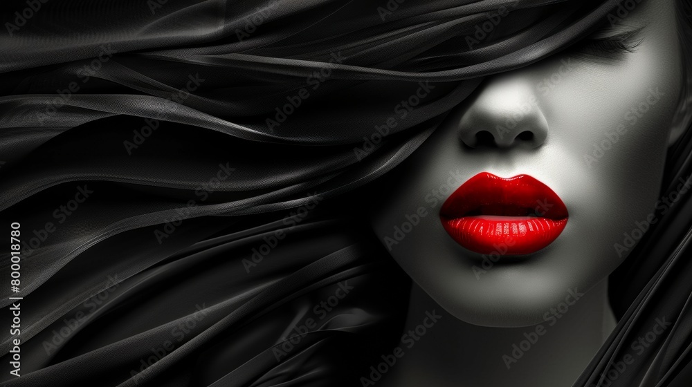 Woman showing kiss mouth red lips and his face was covered with a black ...