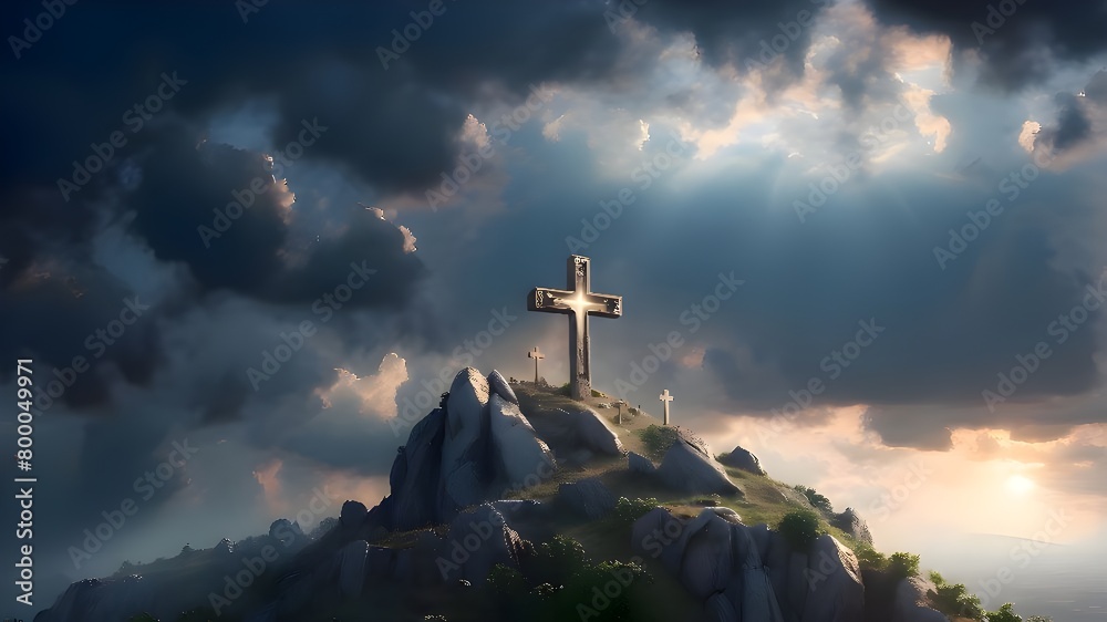 Holy cross with clouds and light covering the sky over Golgotha Hill ...