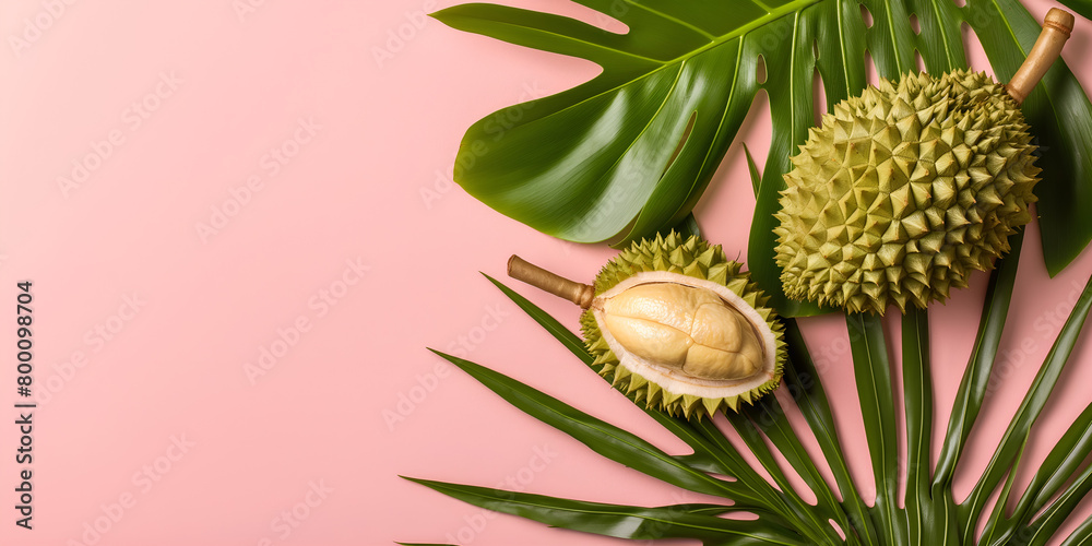 Durian with green leaves on soft pink background with copy space ...