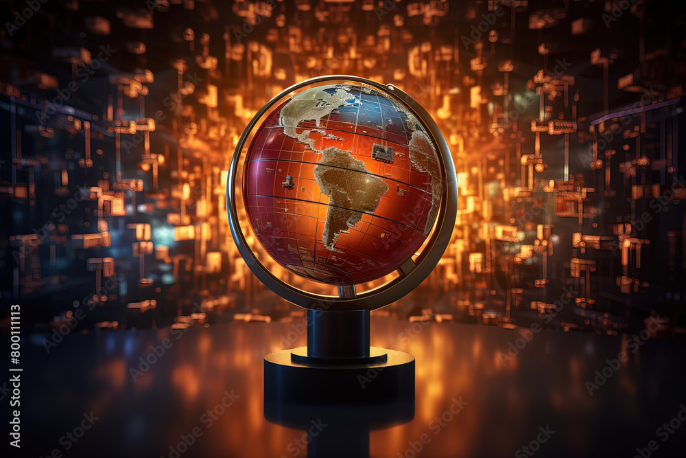 The image depicts a globe at the center, encircled by an array of gold ...