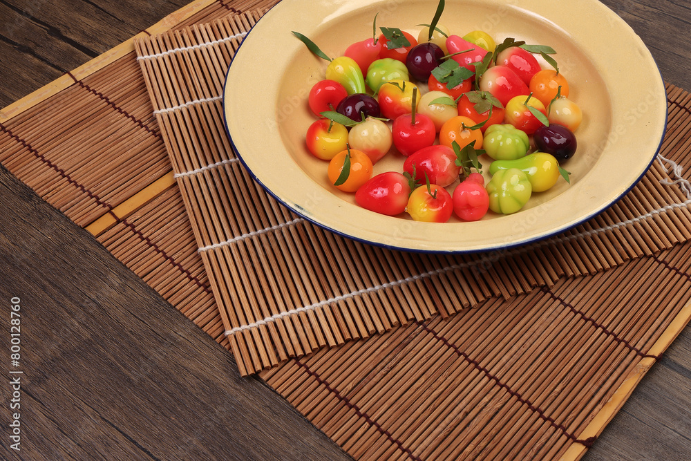 Colourful fruit and vegetable shaped beautiful Thai sweet mung bean ...
