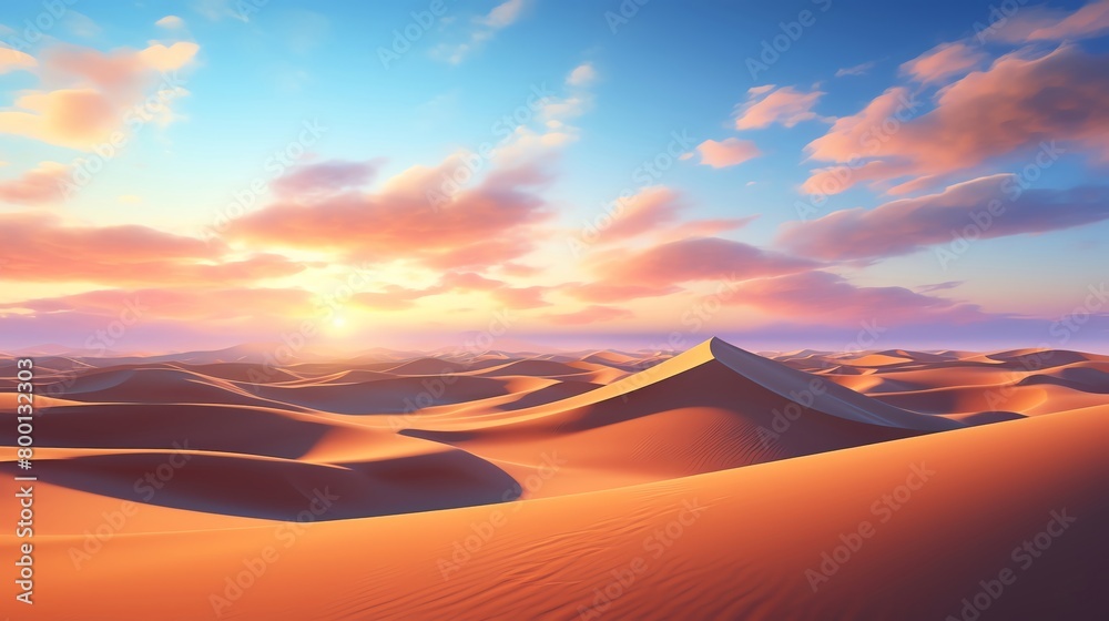 Peaceful desert scene at twilight with long shadows cast by sand dunes ...