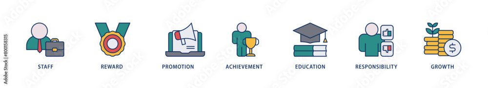 Employee motivation icons set collection illustration of staff, reward ...