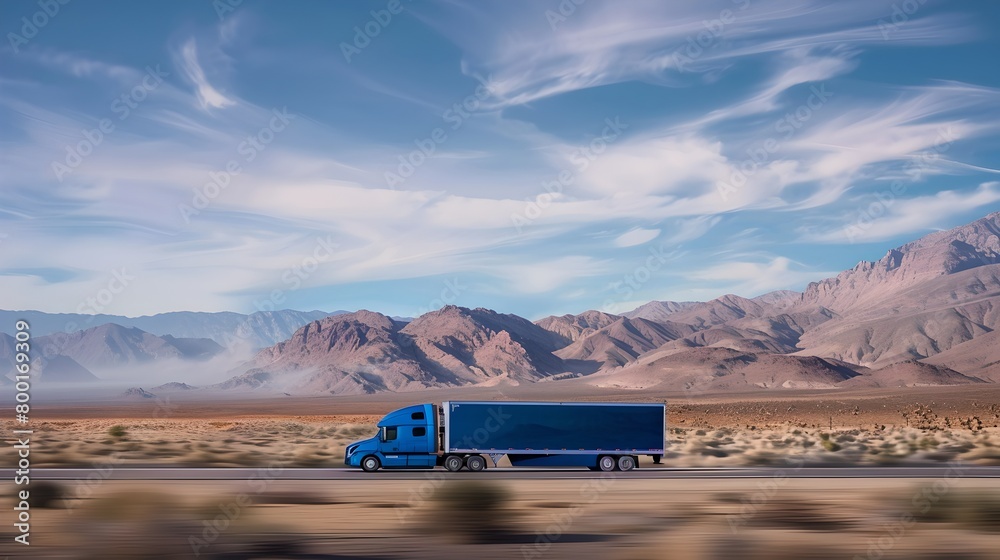 Blue Semi Truck on the Move in a Desert Landscape, Commercial ...