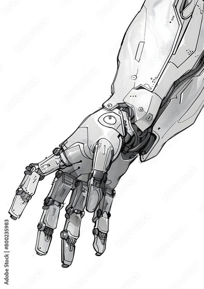 A hand with bionic fingers, futuristic design, sketch concept art style ...