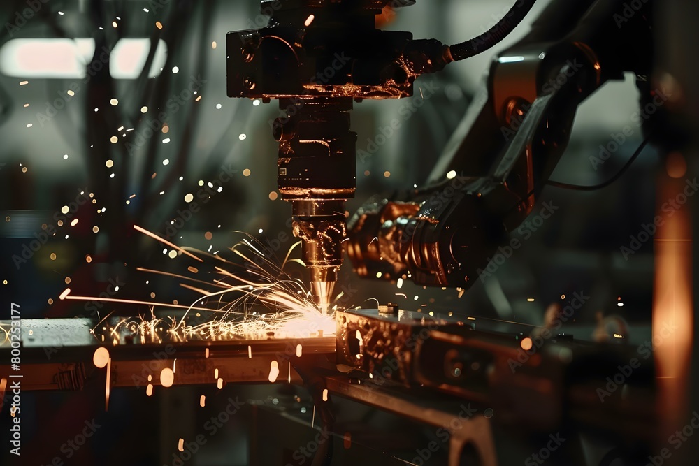 Robot Arm Assembly in Factory Workshop with Sparks Generated During ...