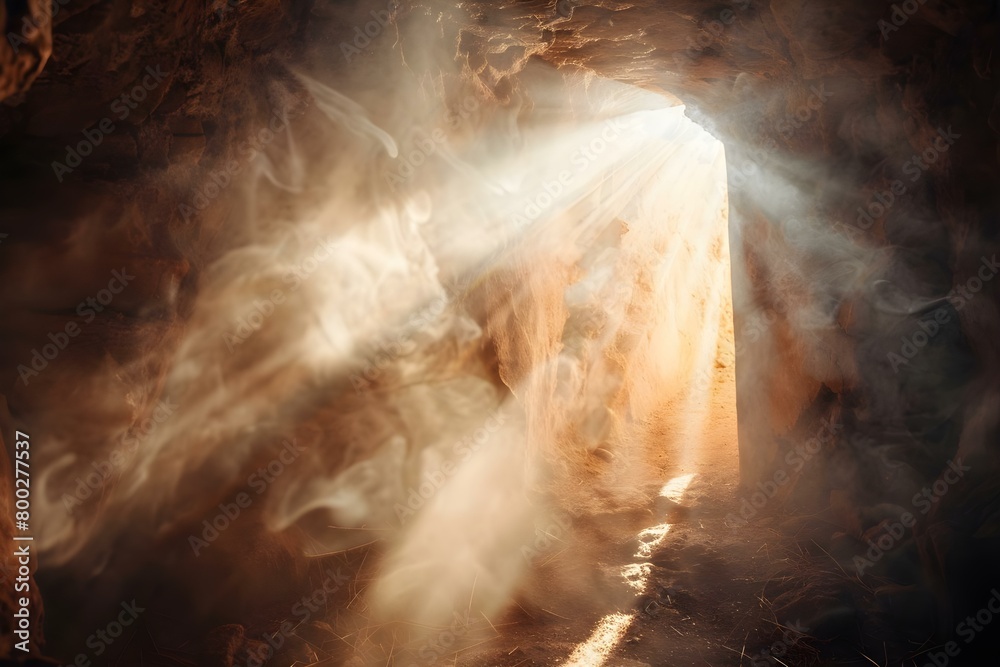 Light rays burst from empty tomb symbolizing Easter resurrection in ...