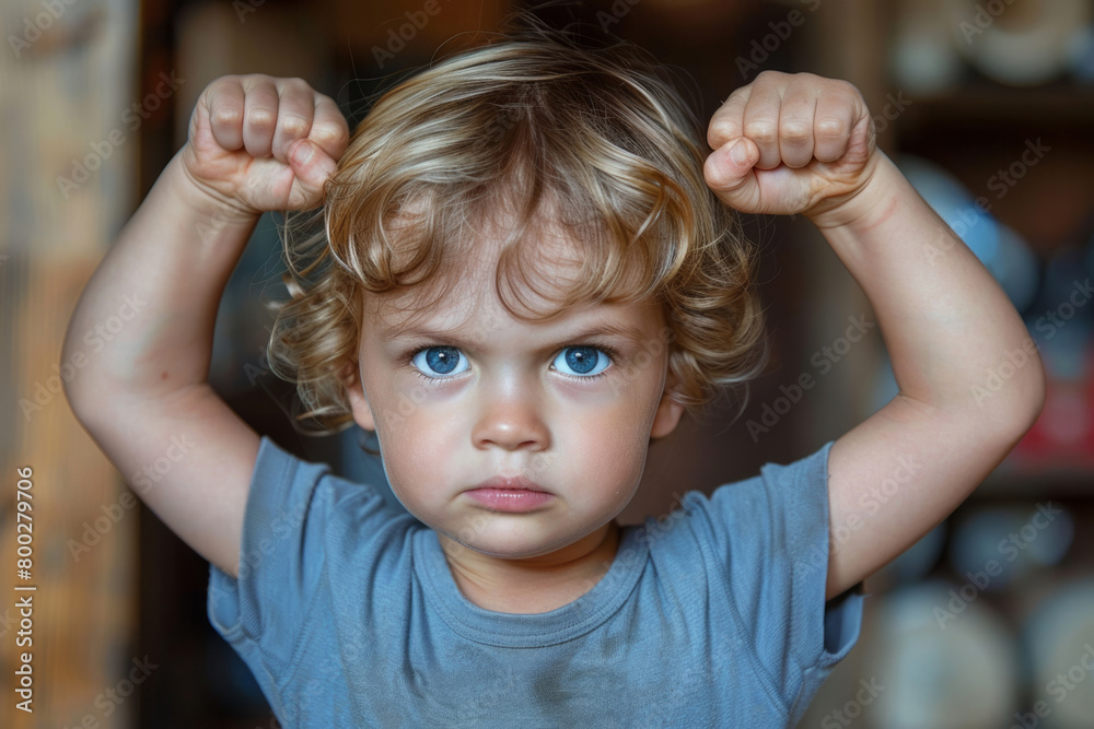 kid showing his muscles strength Stock Photo | Adobe Stock