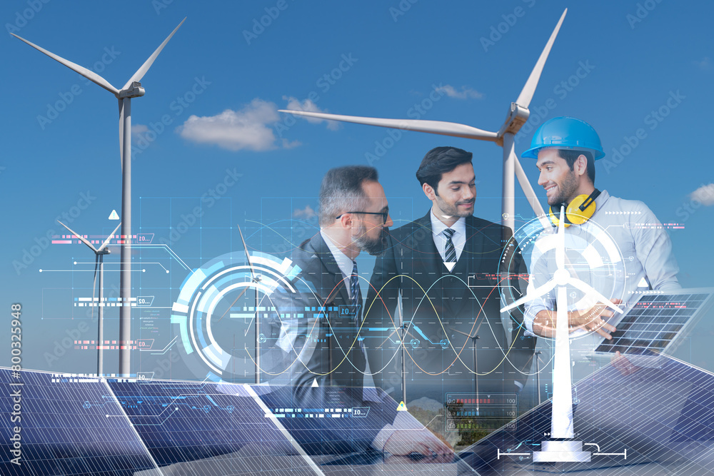 Double exposure graphic of business people working over wind turbine ...