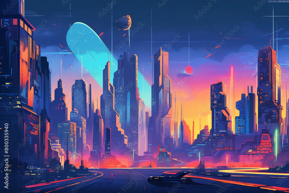 Retro futuristic city background. 80s sci-fi synthwave cityscape Stock ...
