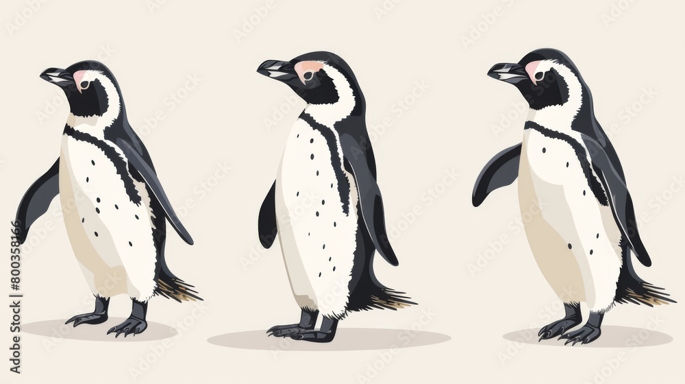 Trio of penguins illustrated in stages of moving, showing the flow of ...