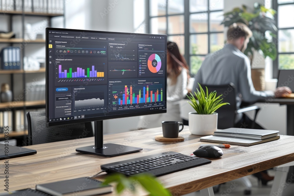 big widescreen monitor with charts and management dashboard in front of office desk professional ...