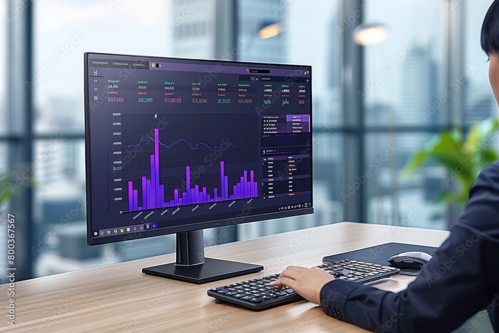 Foto de Stock big widescreen monitor with charts and management ...