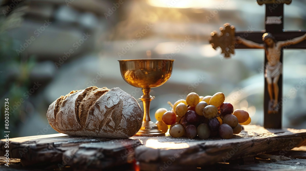 The Last Supper. Bread, wine, the Bible, the Holy Grail and the cross ...