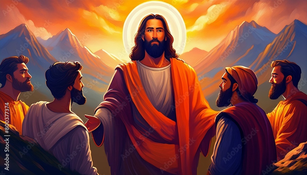 Jesus delivering the Sermon on the Mount, surrounded by a diverse crowd ...