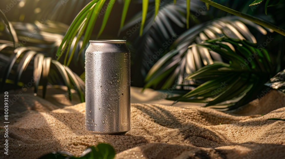 Mockup aluminum can with droplets of condensate on the background of ...