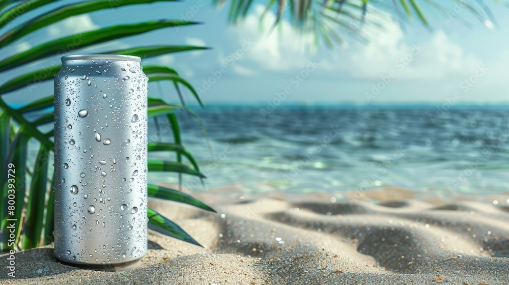 Mockup aluminum can with droplets of condensate on the background of ...