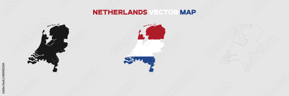 Netherlands Map Vector Pack. Map with Flag. Gray Map Silhouette. Gray ...