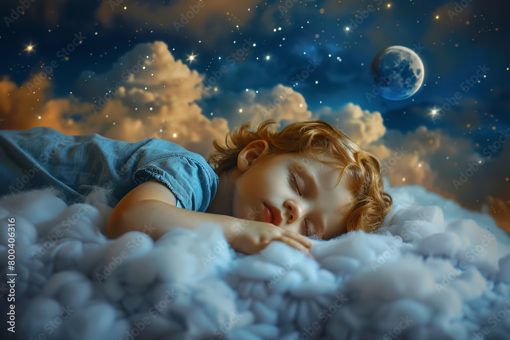 Little boy sleeping on clouds in bed, night sky with moon and stars ...