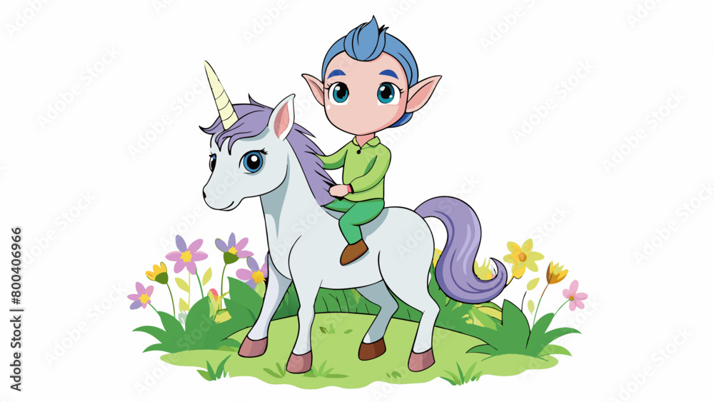 A young elf sits atop a majestic unicorn their fingers entwined in its ...