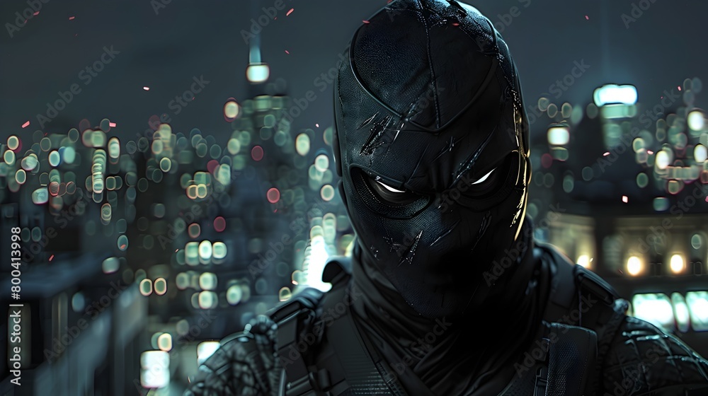 Enigmatic Masked Assassin Lurking on Nighttime Urban Rooftop in Sleek ...