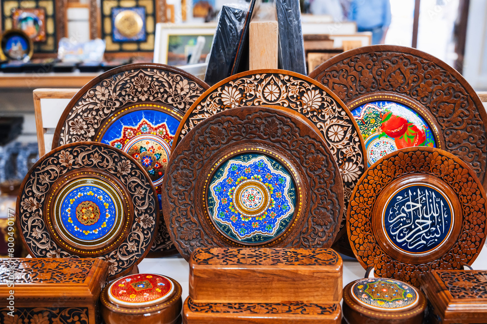 handmade Uzbek wooden gift plates and caskets with wood carvings in the ...